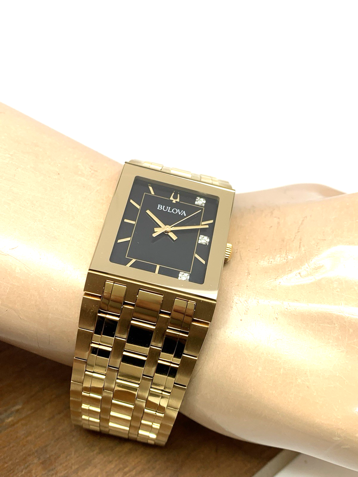 Bulova Men's Watch 97D132 Quadra Quartz Diamond Black Dial Gold Steel ...