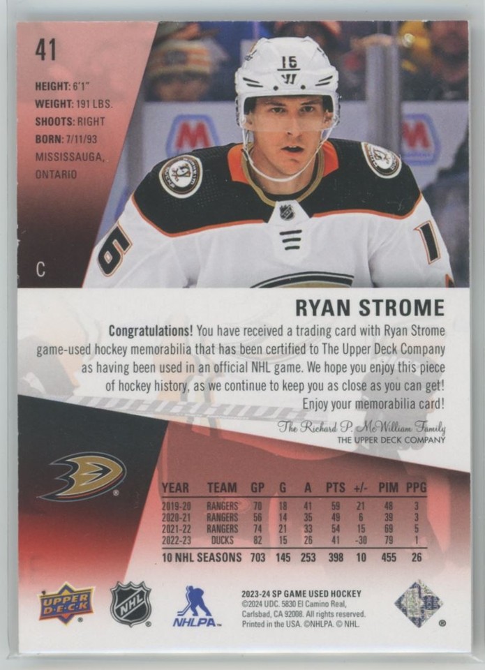 2023-24 UD SP Game Used Ryan Strome 41 Base | eBay