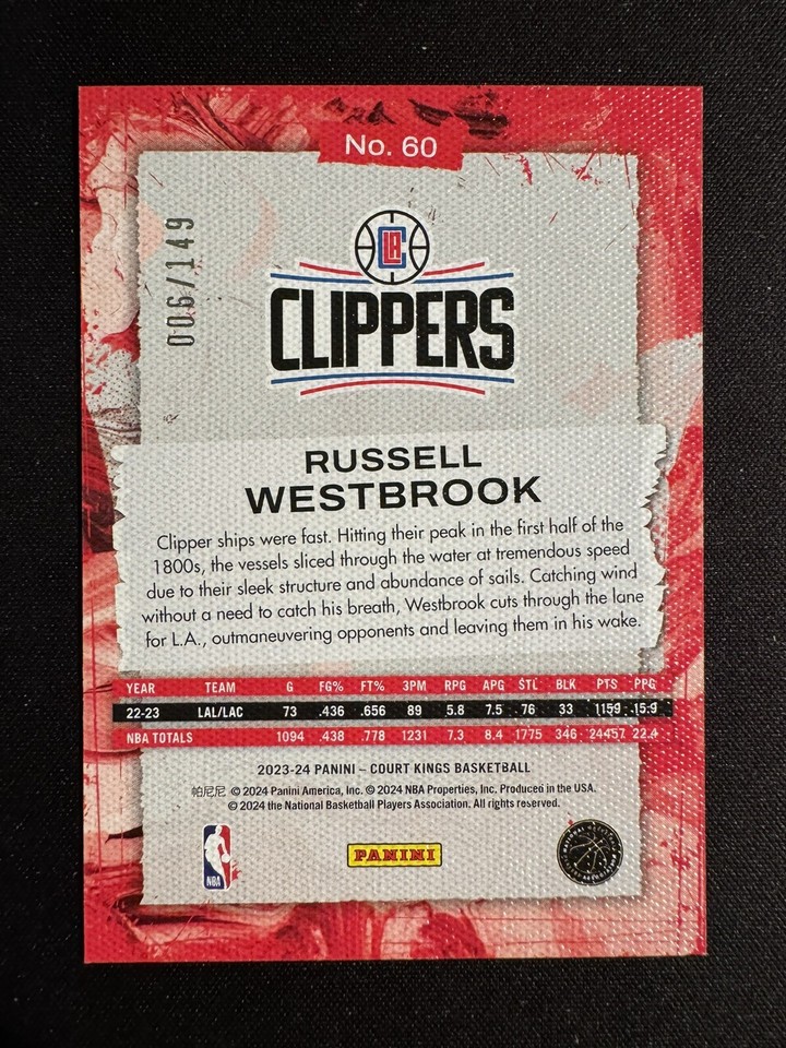 RUSSEL WESTBROOK 2023-24 Panini Court Kings Ruby Parallel /149 Clippers ...