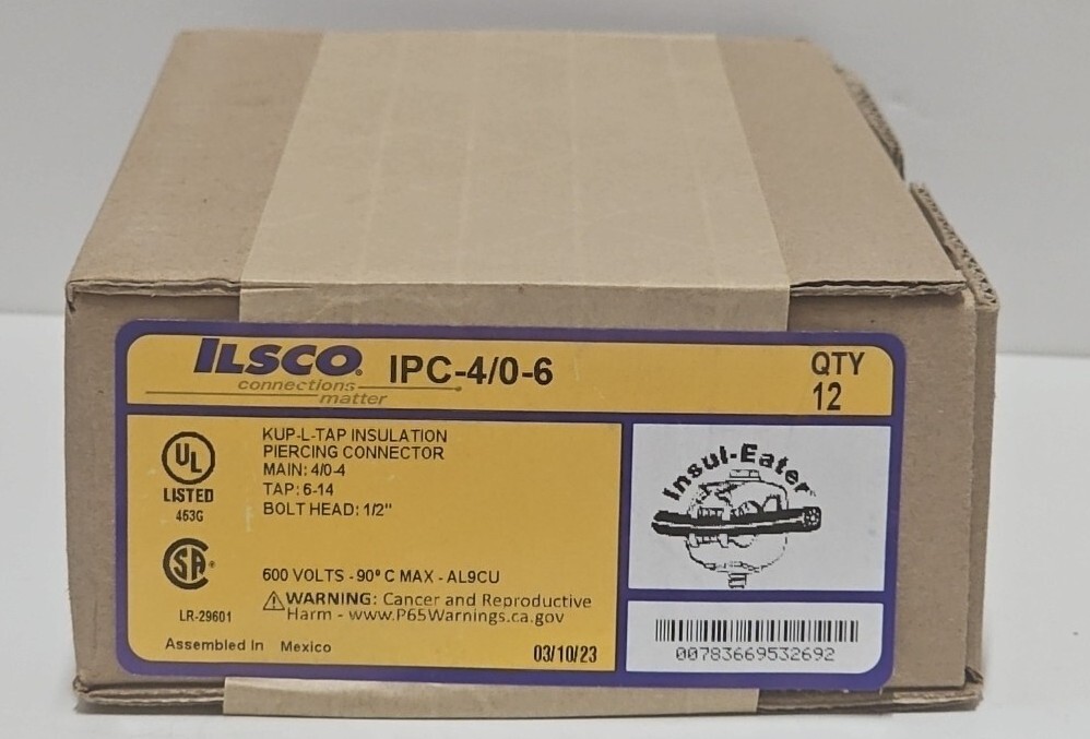 ILSCO Ipc-4/0-6 600V Insulation Piercing Tap Connector Line Side 12 Pk ...