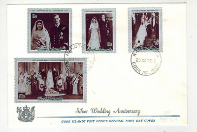 COOK ISLANDS FDC 1972 SET OF 4 QUEEN ELIZABETH & PRINCE PHILIP SILVER ...