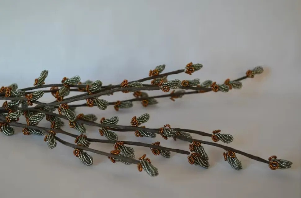 NEW 3 handmade French beaded Flowers Pussy Willow Stalks Willow Tree | eBay