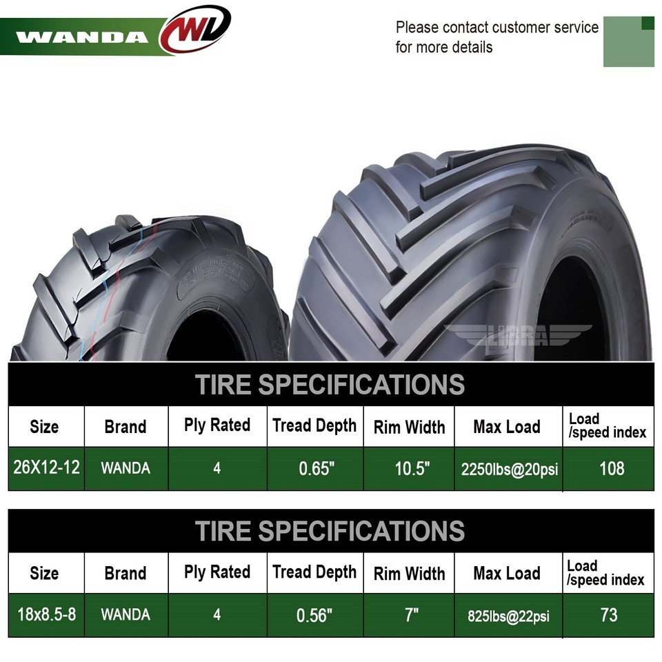 WANDA 18X8.5-8 & 26X12-12 Lawn Mower Agriculture Farm Tractor Lug Tires ...