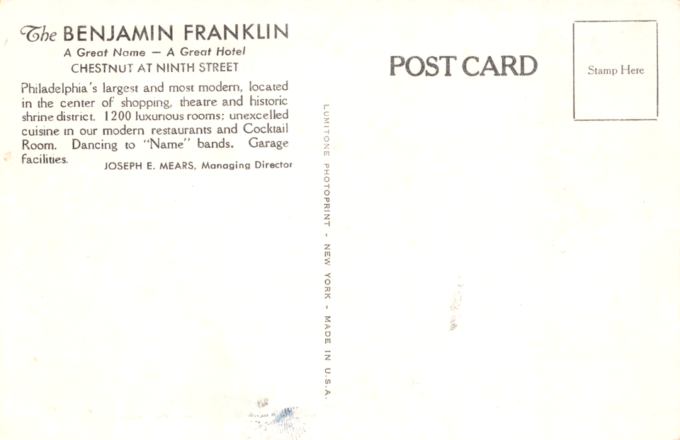 The Benjamin Franklin Building Philadelphia Pennsylvania Vtg Postcard ...
