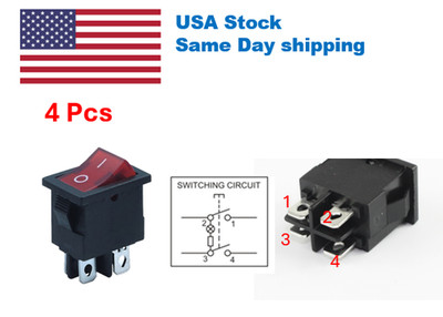 4PCS KCD1 DPST Rocker Switch ON/OFF Switch Red Light 4-Pin 10A/125VAC ...