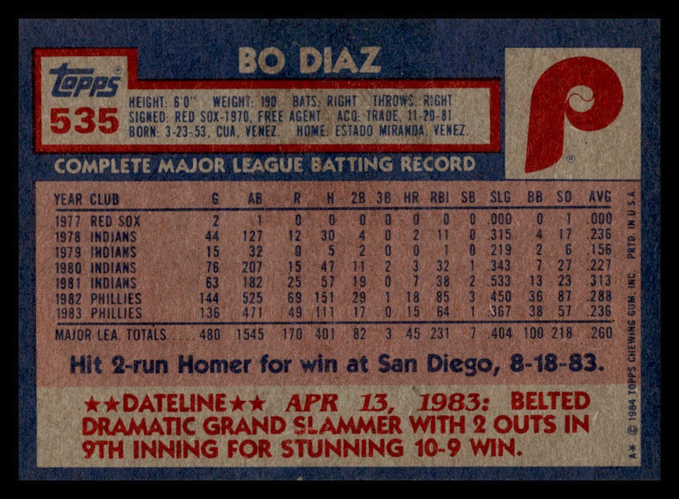 1984 Topps Bo Diaz #535 Philadelphia Phillies | eBay