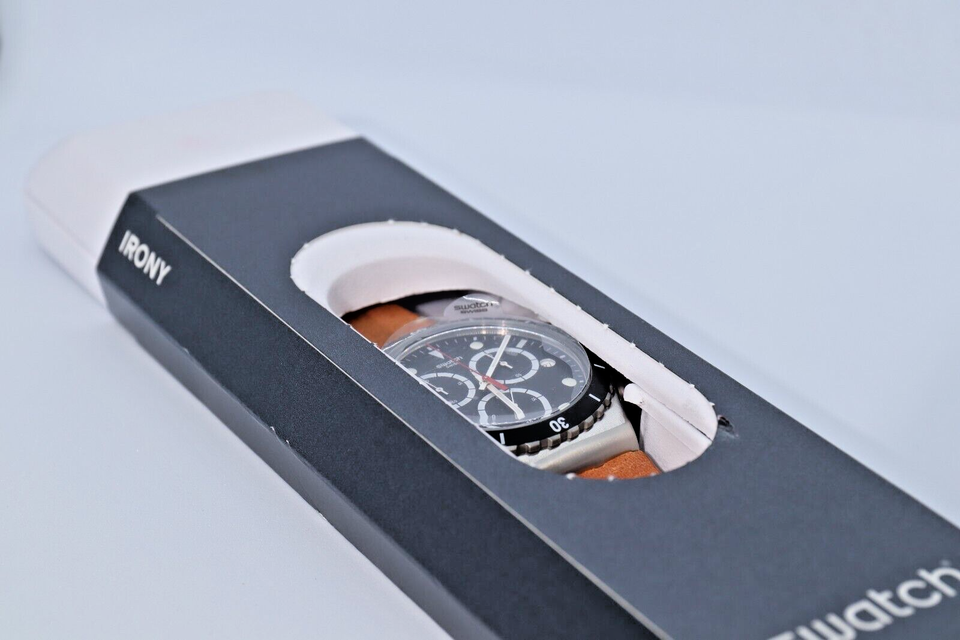 New Swiss Swatch IRONY Disorderly Chrono Leather Date Watch 43mm YVS424 ...