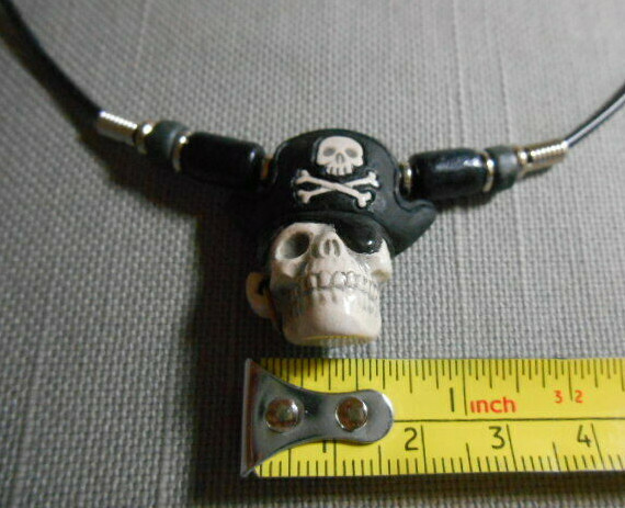 Novelty 18" Pirate Necklace Ceramic Skull Black Leather Cord FIMO Beads ...