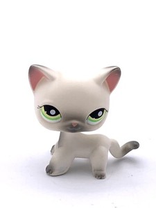 Littlest Pet Shop LPS SHORTHAIR SIAMESE CAT #125 Gray & White w/ Green ...