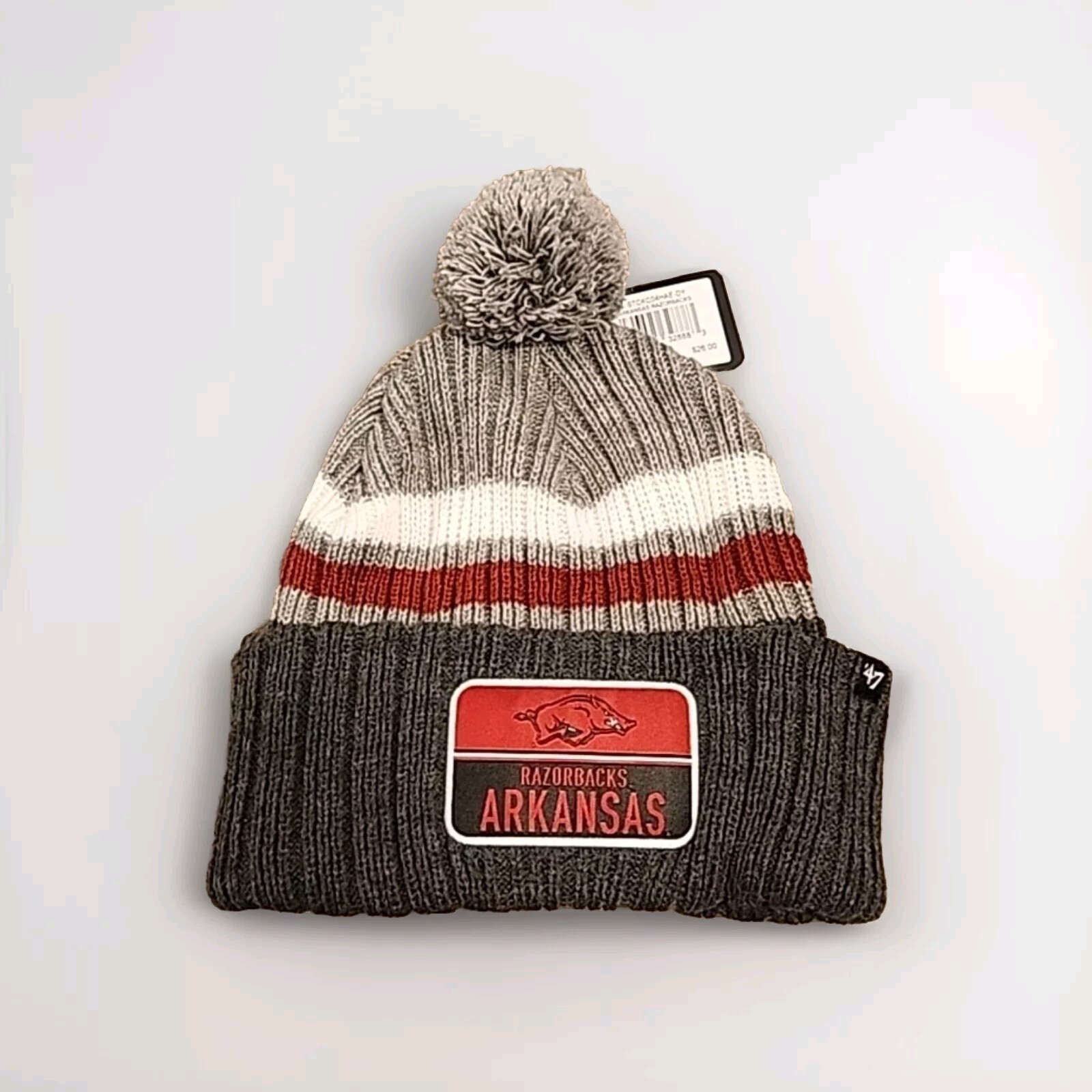 '47 Arkansas Razorbacks Beanie Gray Stack Striped Patch Pom Knit Cuff ...