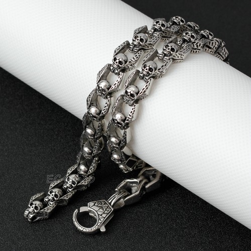 Retro Punk Goth Gothic Skull Chain Link Biker Silver Stainless Steel ...