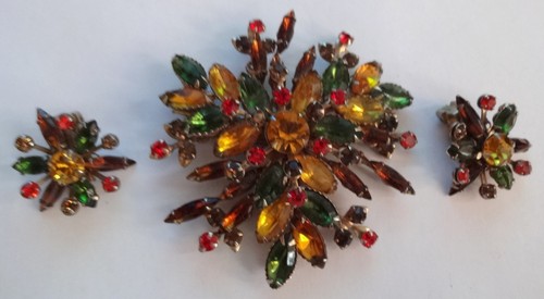 Vintage Multicolor Drizzle Rhinestone Huge Big Pin Brooch Earrings Clip ...