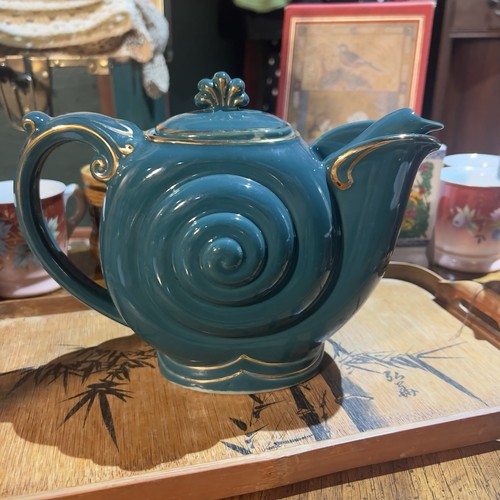 Vintage Mid Century Hall Pottery 6 Cup Teapot Rare Shell Turquoise Gold ...