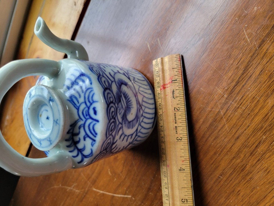 Antique Chinese c1920 Bridge Handle Tea Pot Cobalt Blue & White Hand ...