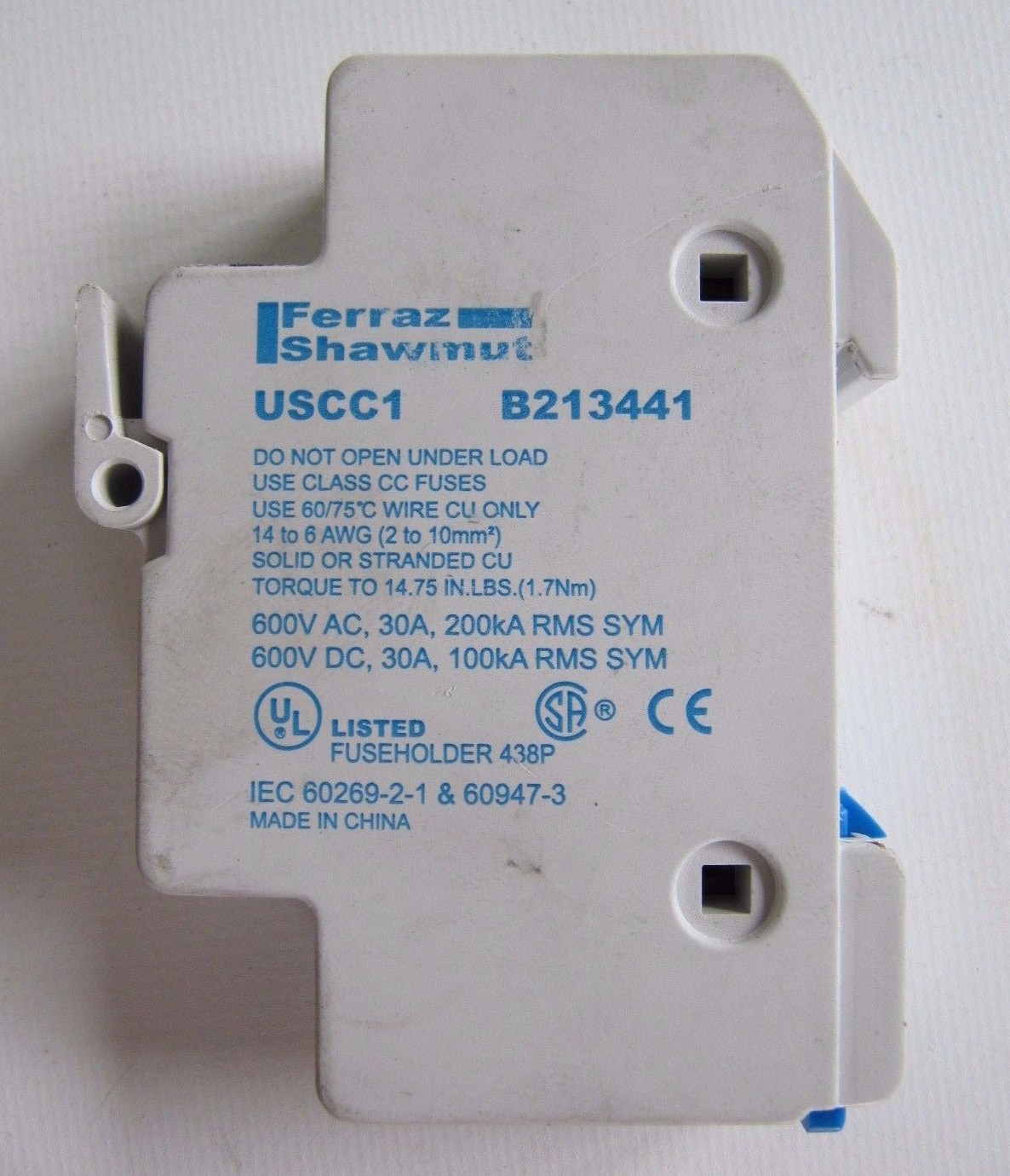Ferraz Shawmut UltraSafe Single Pole Class CC Fuse Holder 600V 30A ...