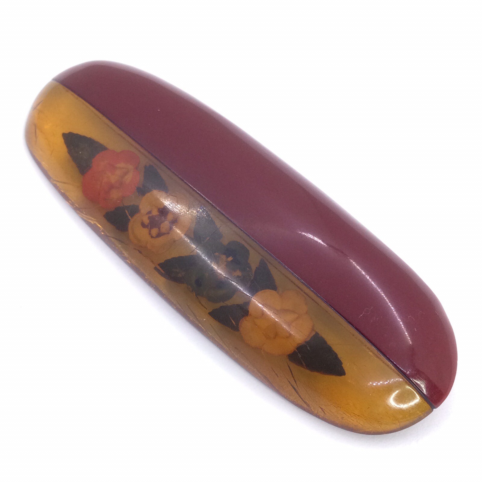 BAKELITE PIN - 1/2 APPLE JUICE REVERSE CARVED & ENAMEL & 1/2 RED (C1312 ...