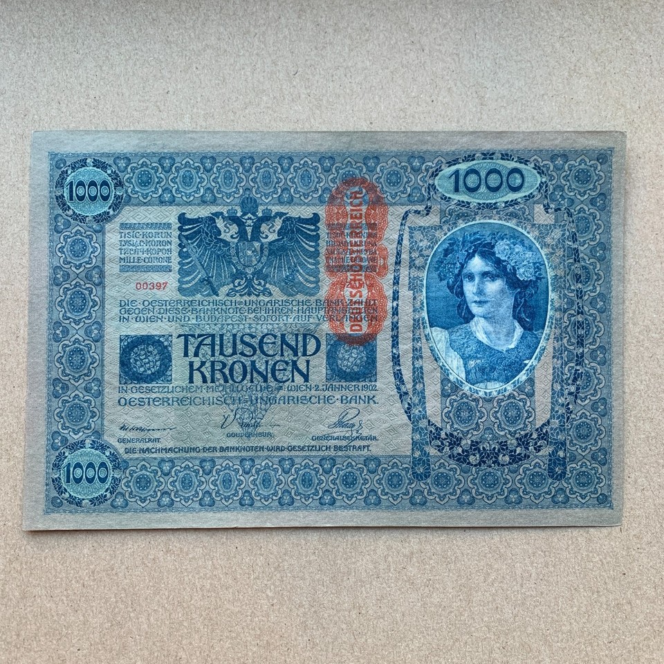 WW1 Era Large AUSTIRA HUNGARY 1000 Kronen Banknote 1902 (1919) WWI ...