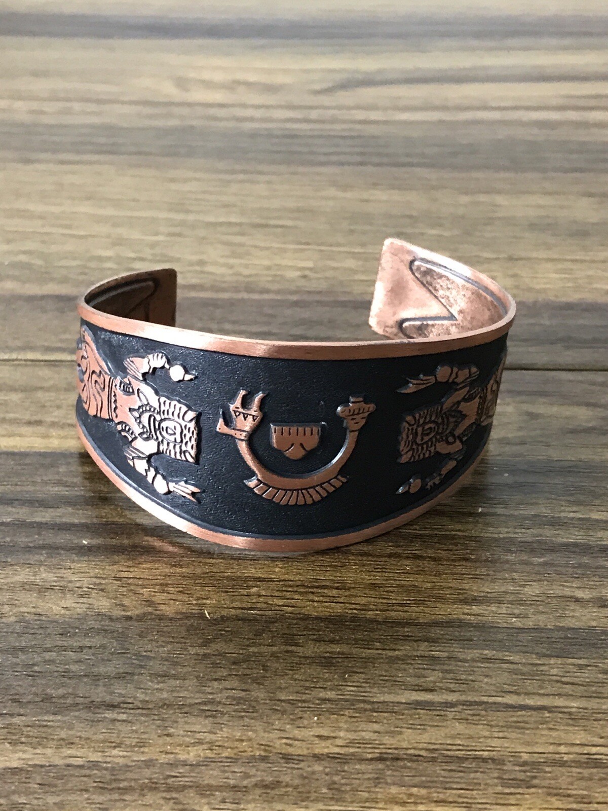 Native American Copper Stamped Cuff bracelet carved - Gem