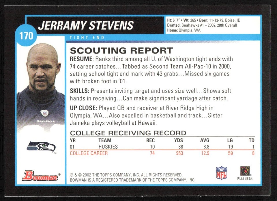 2002 Bowman Football Card Jerramy Stevens RC #170 Seattle Seahawks | eBay