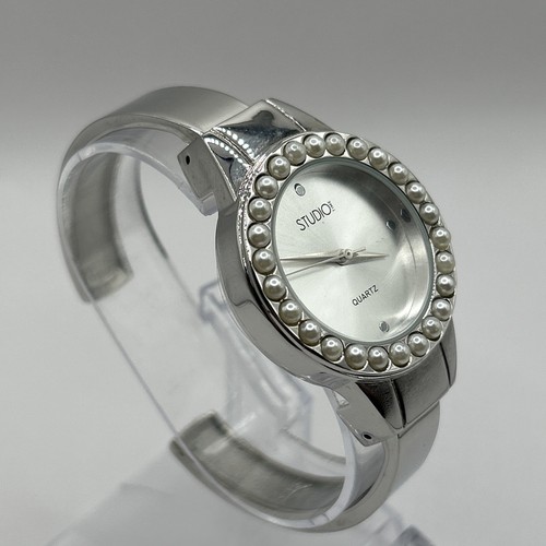 STUDIO TIME Watch Women Cuff Style Faux Pearl Bezel Silver Tone NEW ...