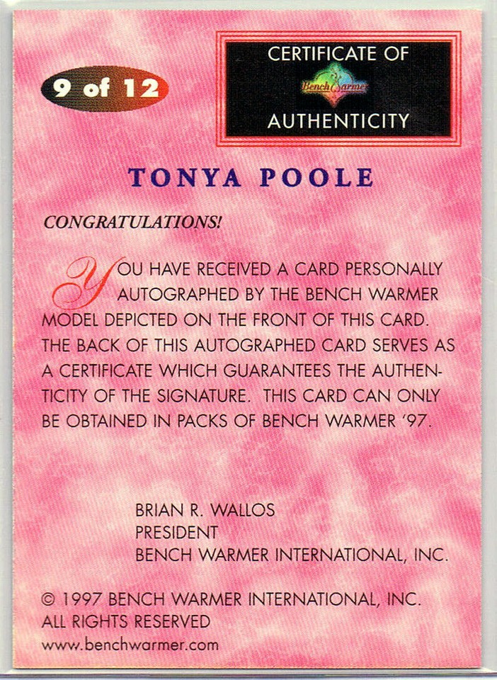 Tonya Poole 1997 BENCHWARMER AUTOGRAPH CARD 9 of 12 Signed Auto Model ...