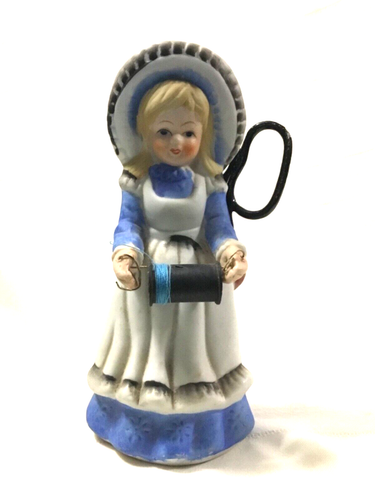 Vtg Blue Seamstress Scissor Thread Holder Pin Cushion Bisque Girl ...