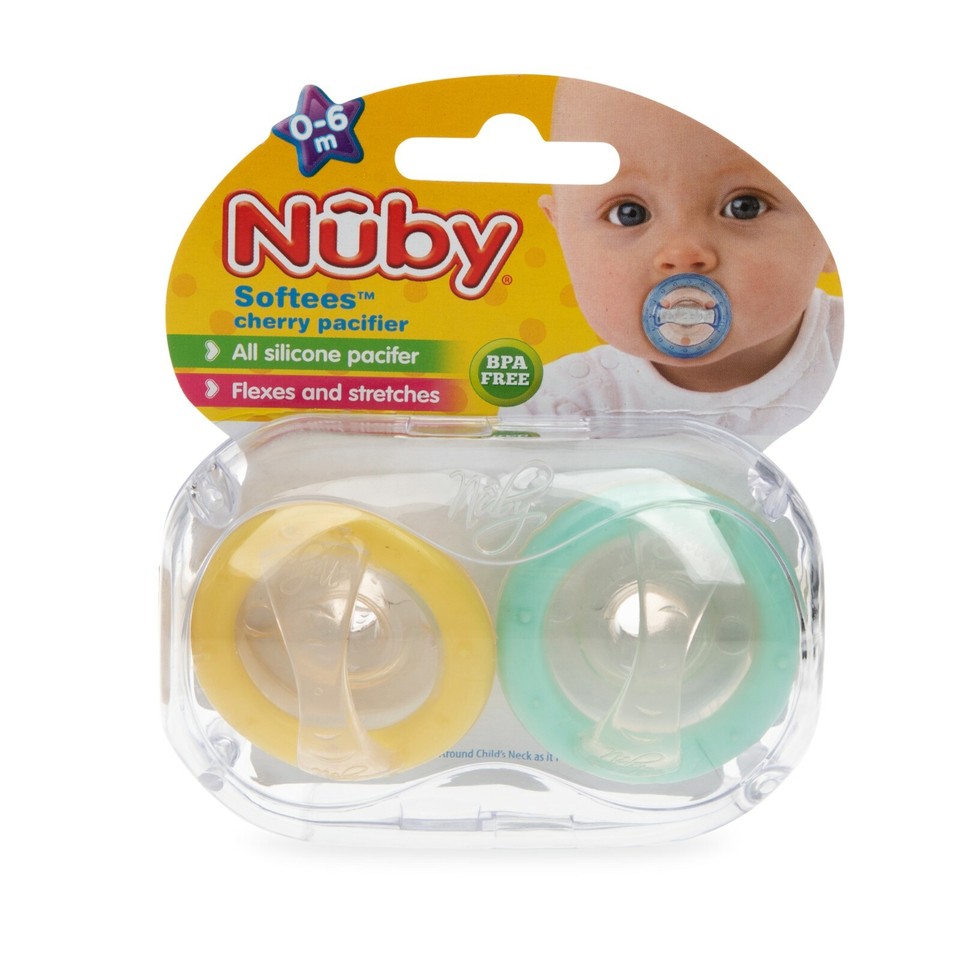 Nuby Softees Silicone Pacifier 2 Pack - Cherry Baglet - Oscillating - 0 ...