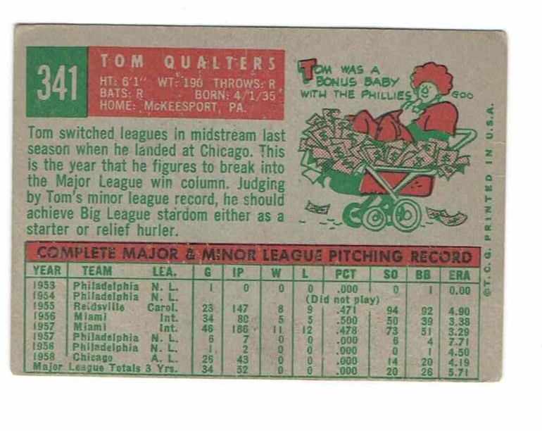 1959 Topps miscut #341 TOM QUALTERS Autographed Baseball Card Chicago ...
