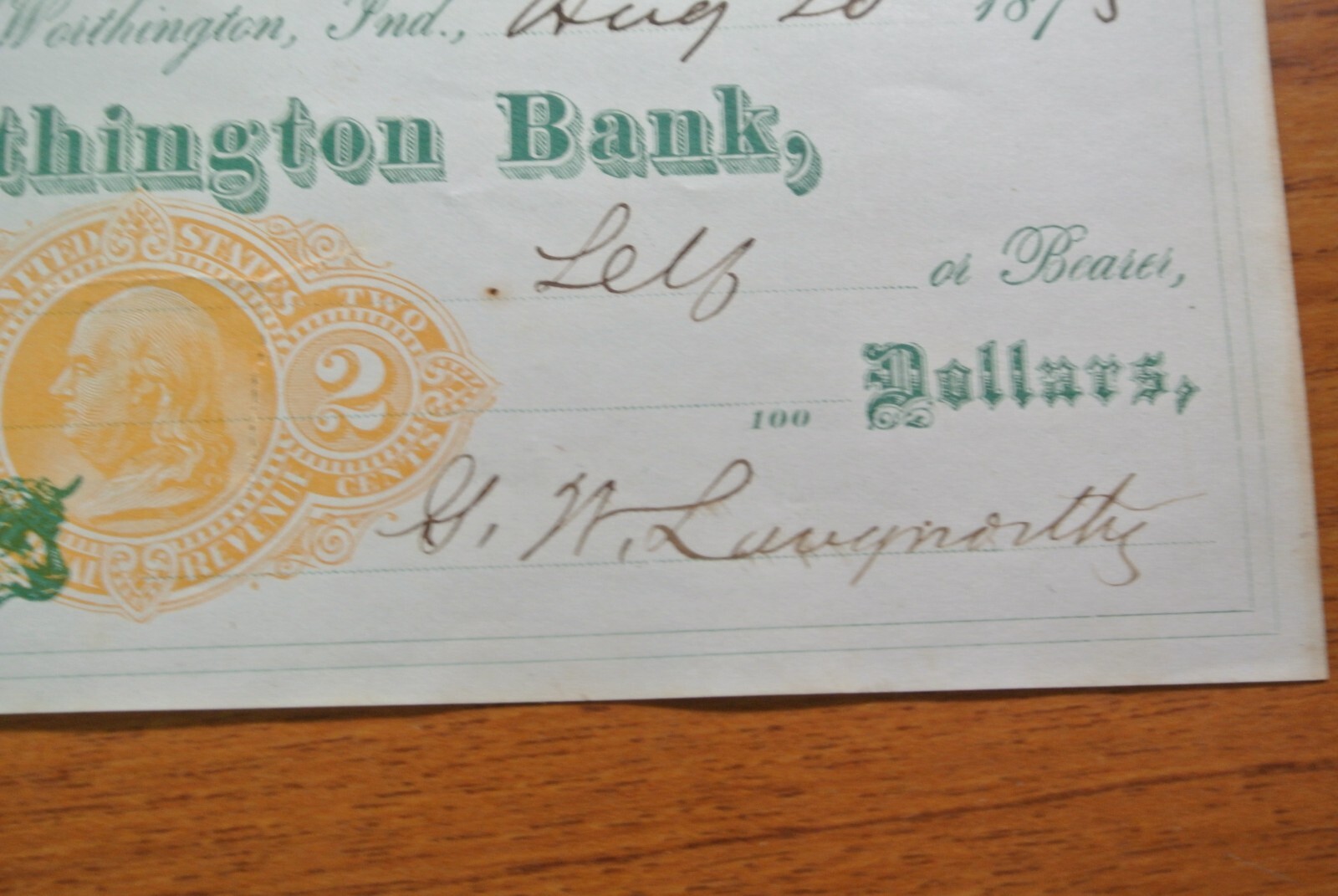 THE WORTHINGTON BANK illustrated check, Warwick NY 1875 imprinted ...