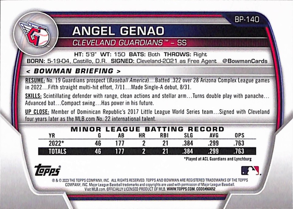2023 Bowman Baseball #BP-140 ANGEL GENAO Cleveland Guardians 1st Bowman ...
