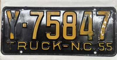 1955 North Carolina NC Truck License Plate Y-75847 Original Condition ...