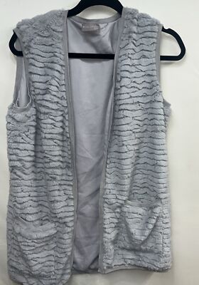 Evolution by Cyrus Womens Faux Fur Vest Gray M Check Long Cardigan Open ...