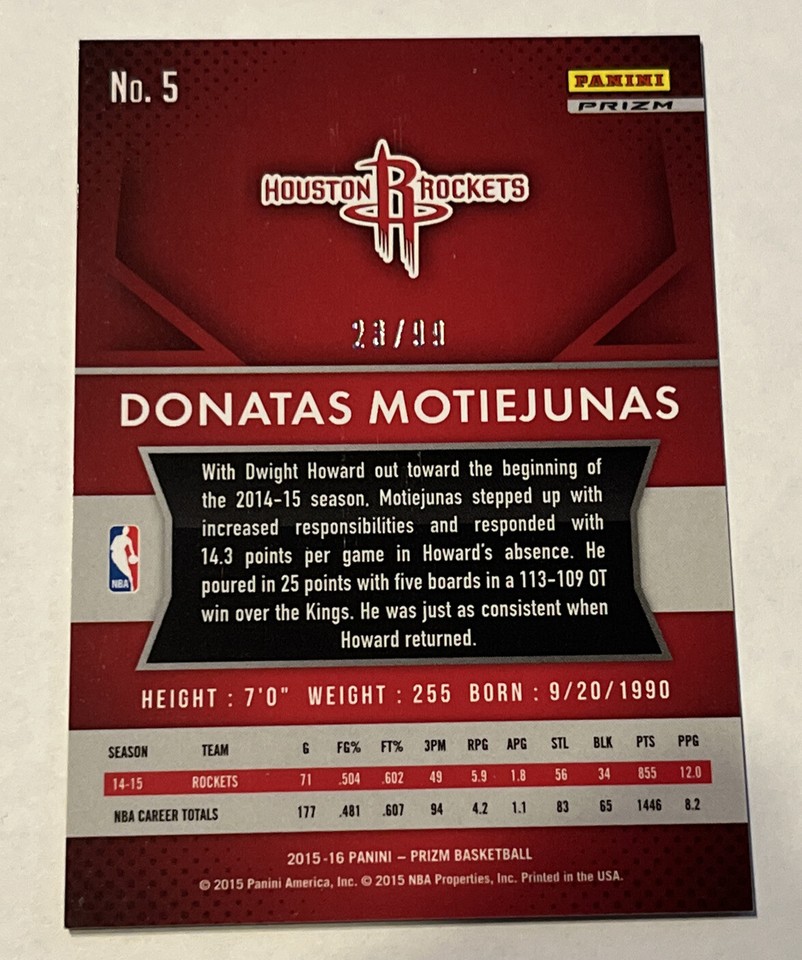 DONATAS MOTIEJUNAS /99 ROCKETS PURPLE REFRACTOR 2015-16 PANINI PRIZM ...