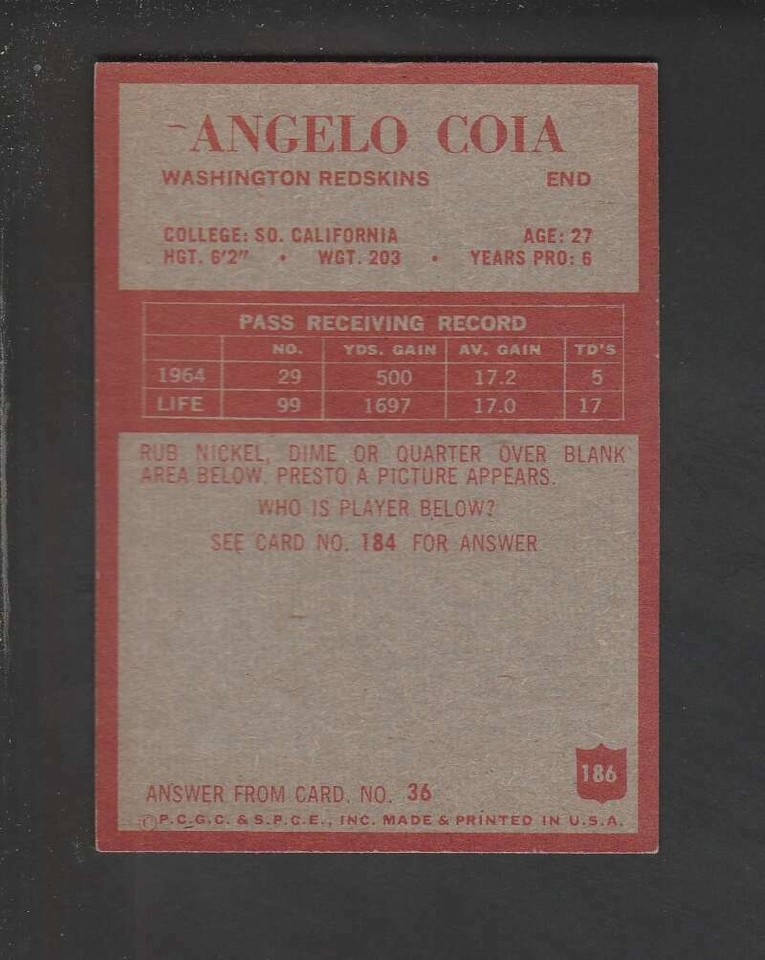 1965 Philadelphia #186 Angelo Coia NM/NM+ Redskins 157789 | eBay