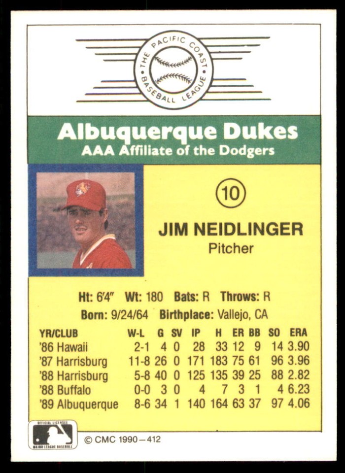 1990 CMC Jim Neidlinger #412 Albuquerque Dukes | eBay