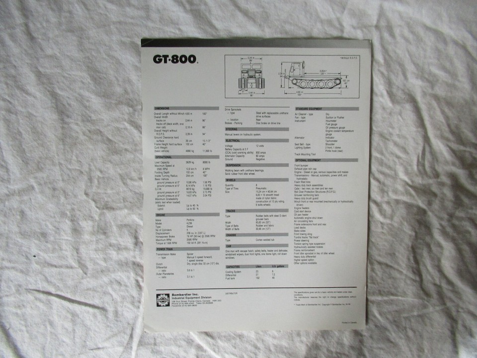 1990 Bombardier GT-800 ALL TERRAIN TRACKED VEHICLE specification ...