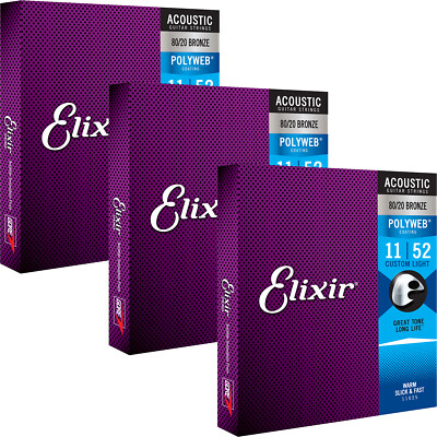 3 Sets Elixir 11025 POLYWEB 80/20 Custom Light Acoustic Guitar Strings ...