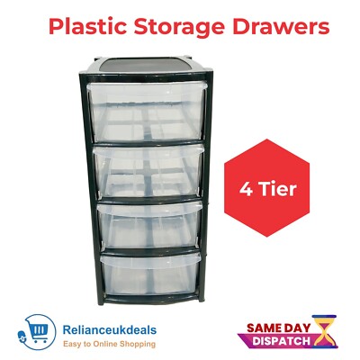 4 Tier Plastic Storage Shelf Rack Drawers Home Kitchen Bookcase Stand ...