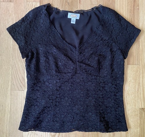 Talbots Black Lace Top Short Sleeve Size 10 Lined Party Holiday Semi ...