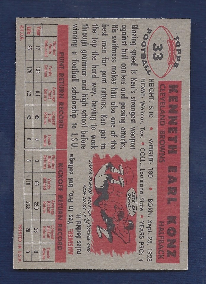 SHARP PACK FRESH 1956 TOPPS FOOTBALL #33 KEN KONZ .99 SHIP M308 | eBay