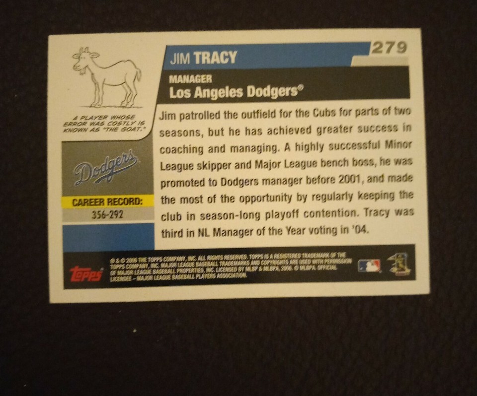 2006 Topps JIM TRACY Baseball Card #279. MANAGER. LOS ANGELES DODGERS ...