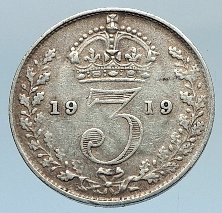 1919 UK Great Britain United Kingdom KING GEORGE V Silver Threepence ...