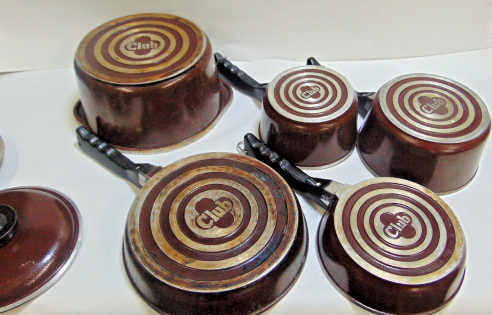 VINTAGE BROWN CLUB CAST ALUMINUM 8 PIECE POTS SKILLET & DUTCH OVEN W ...