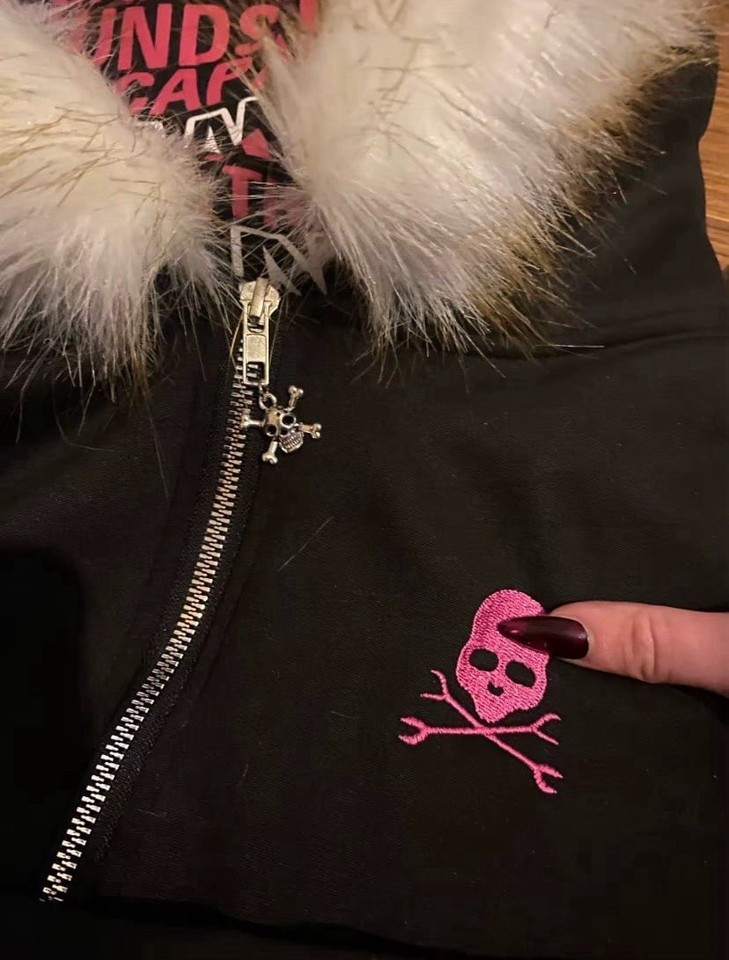 Y2K Faux Fur Skull Alt Emo 2000s Grunge Style Hoodie Jacket Gothic Emo ...