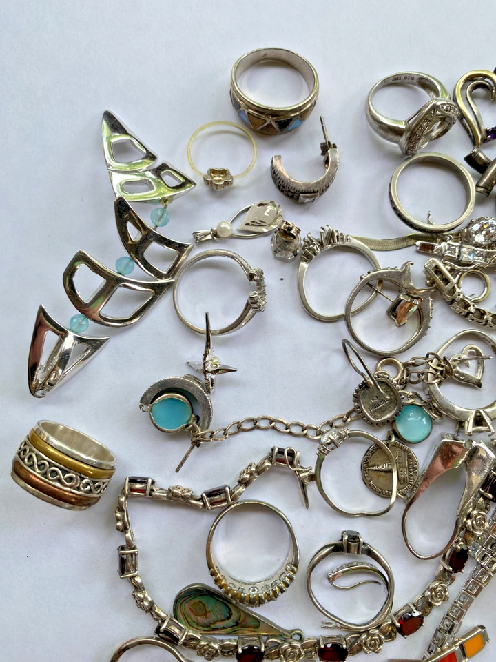 Lot Sterling Silver Scrap Jewelry 194 Grams Broken Parts Pieces Gem ...