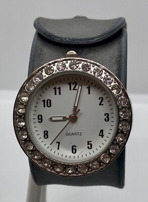 LADIES WATCH New Battery Easy On Grey Slap Band Large Iced Dial And ...