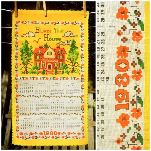 VTG 1980 Calendar Towel Bless This House Faux Cross Stitch Design ...