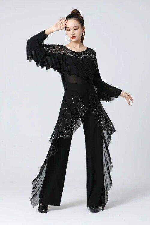 Womens High Waist Ruffle Pants Rhinestones Ballroom Latin Dance ...