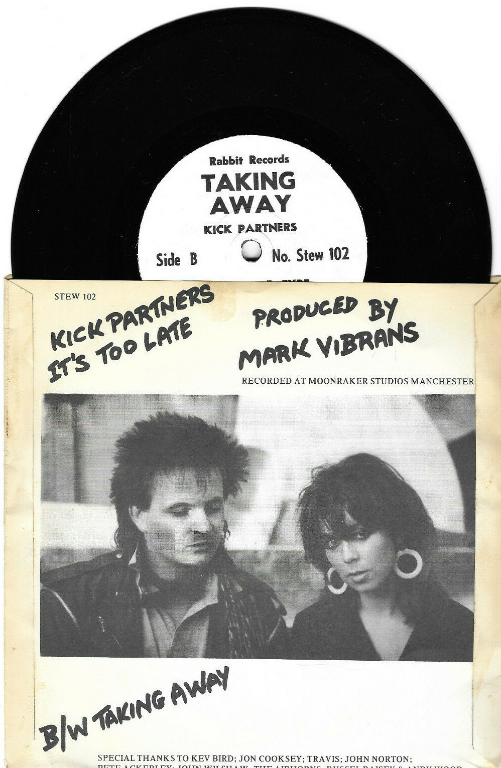 KICK PARTNERS * IT'S TOO LATE * RARE 7" SINGLE + PRESS RELEASE RABBIT ...