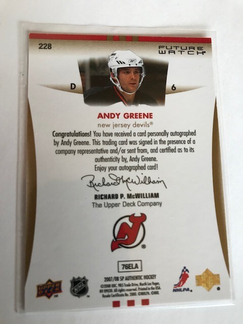 2007-08 SP Authentic RC Andy Greene #228 FUTURE WATCH AUTO /999 | eBay